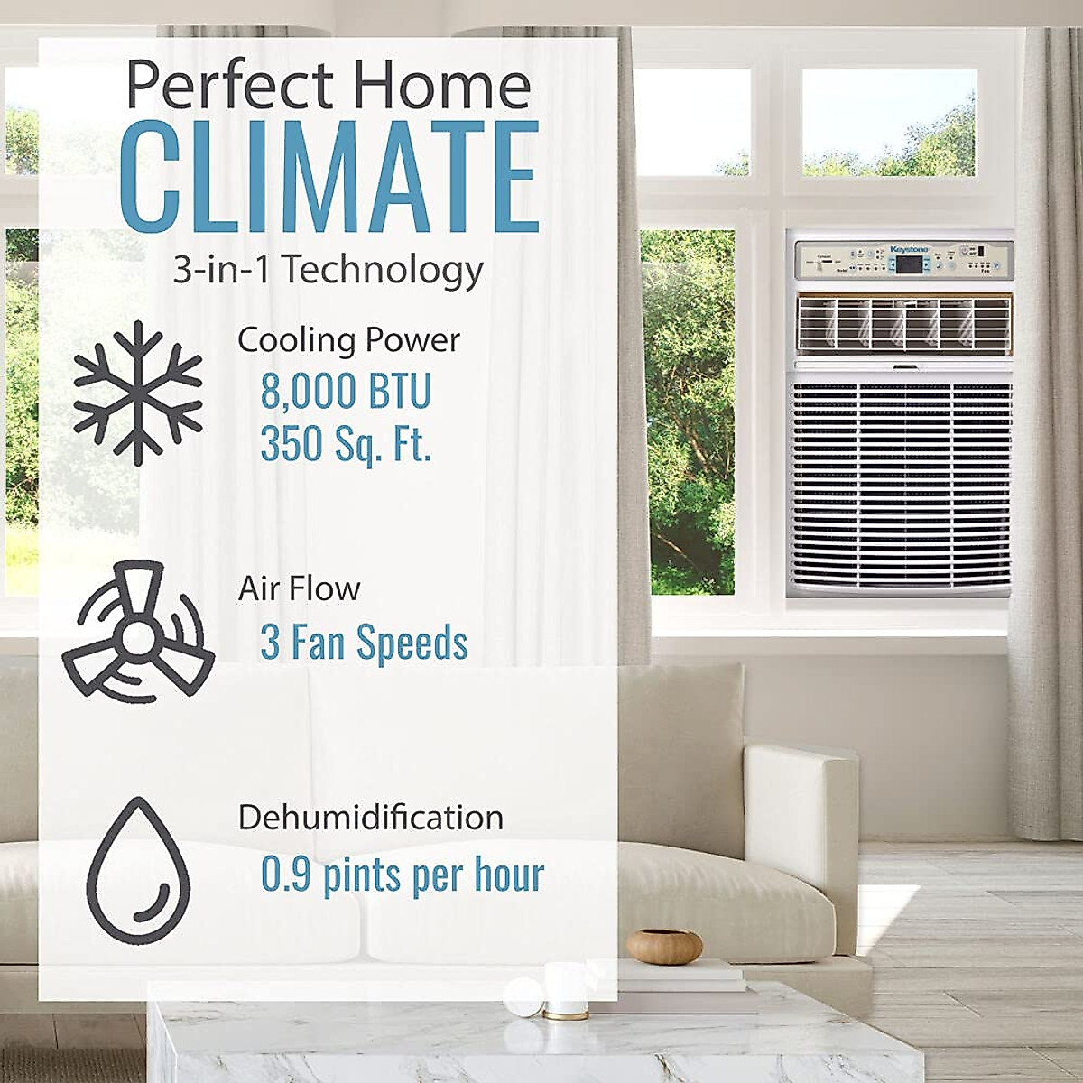 Keystone 8,000 BTU Slider Casement Window-Wall Air Conditioner and Dehumidifier with 4-Way Air Direction Control, Window AC Unit for Small-Medium Sized Rooms up to 350 Sq. Ft.