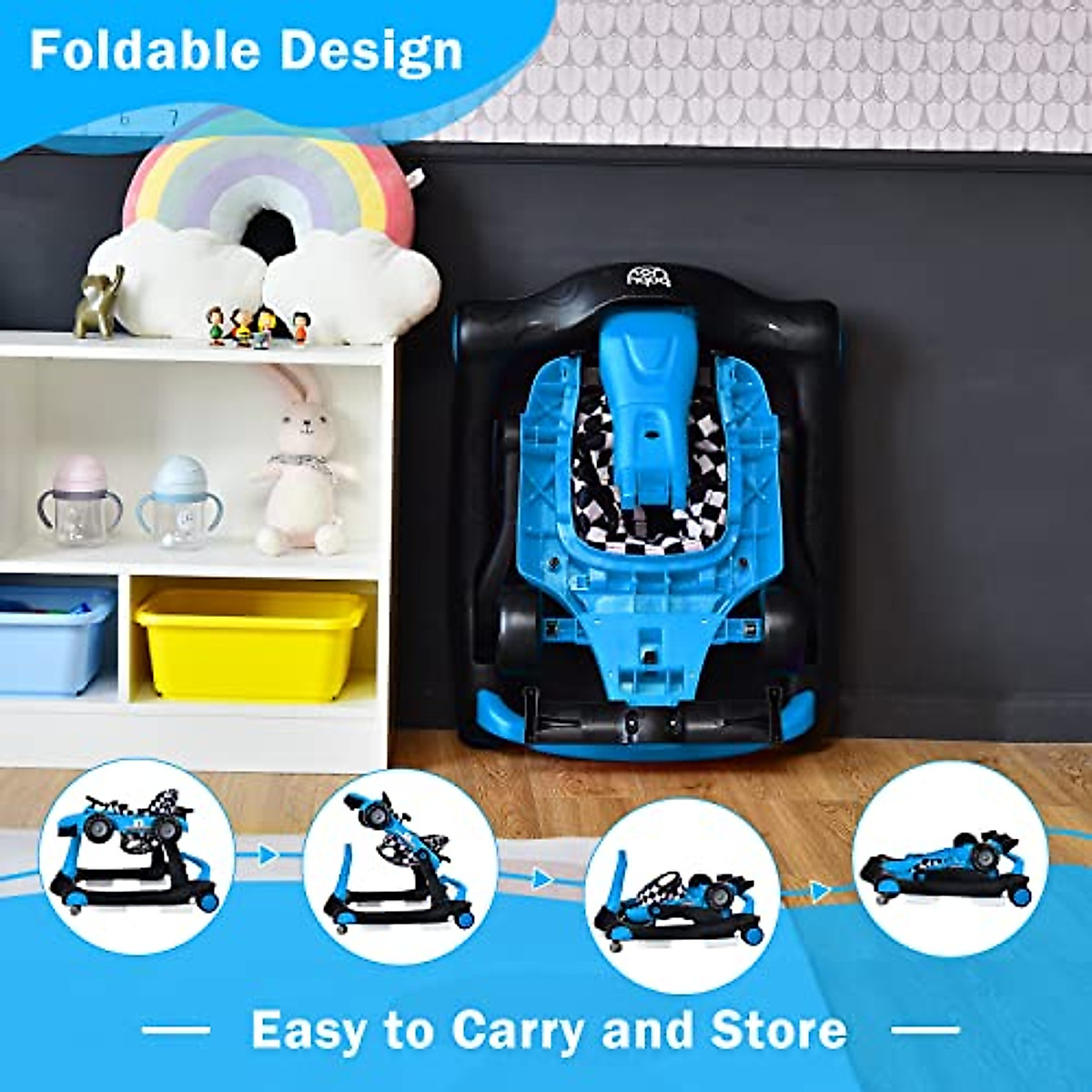 BABY JOY 4-in-1 Baby Walker, Foldable Activity Walker w/Adjustable Height & Speed, Music, Lights, Steering Wheel, Comfy Seat Cushion, Activity Baby Push Walker for Boys Girls Aged 6–18 Months (Blue)