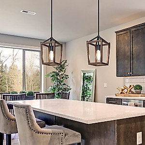 EDISHINE pendant lights for Kitchen Island, 1-Light Farmhouse Cage Hanging Light Fixtures, Rustic Wood with Brown Finish, Adjustable Height Pendant Light for Dining Room, Allway and Foyer