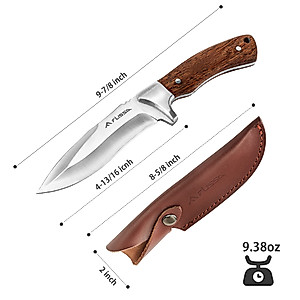 Flissa Fixed Blade Knife with Sheath, 9.8'' Full Tang Hunting Knife with High Carbon Steel Blade, Non-Slip Rose Wooden Handle, Lanyard Hole, Camping Knife for Hiking, Outdoor, Hunting, Survival, Camping
