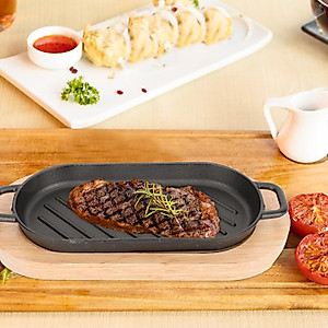 SIZZLING PLATE WITH WOODEN BASE- Cast Iron Steak Platter Pre- Seasoned Cast Iron Fajita Pan Sizzling Fajita Pan Japanese Steak Plate with Wood Base for Restaurant