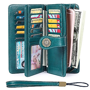 KELEEL Women's RFID Blocking Wallet Genuine Leather Clutch Wallet Card Holder Organizer Ladies Purse (Blue)