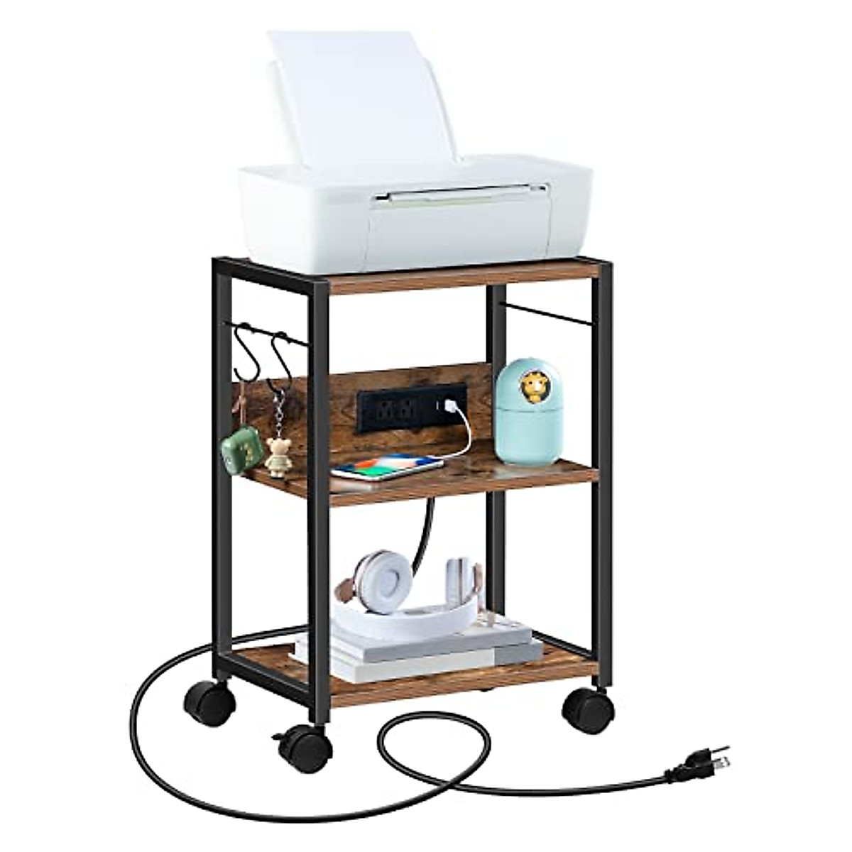 ALLOSWELL 3-Tier Mobile Printer Stand, Rolling Cart with Power Outlets and USB Ports, Industrial Printer Cart, Home Utility Storage Rack with 2 Hooks, for Office, Living Room, Rustic Brown PTHR40E01