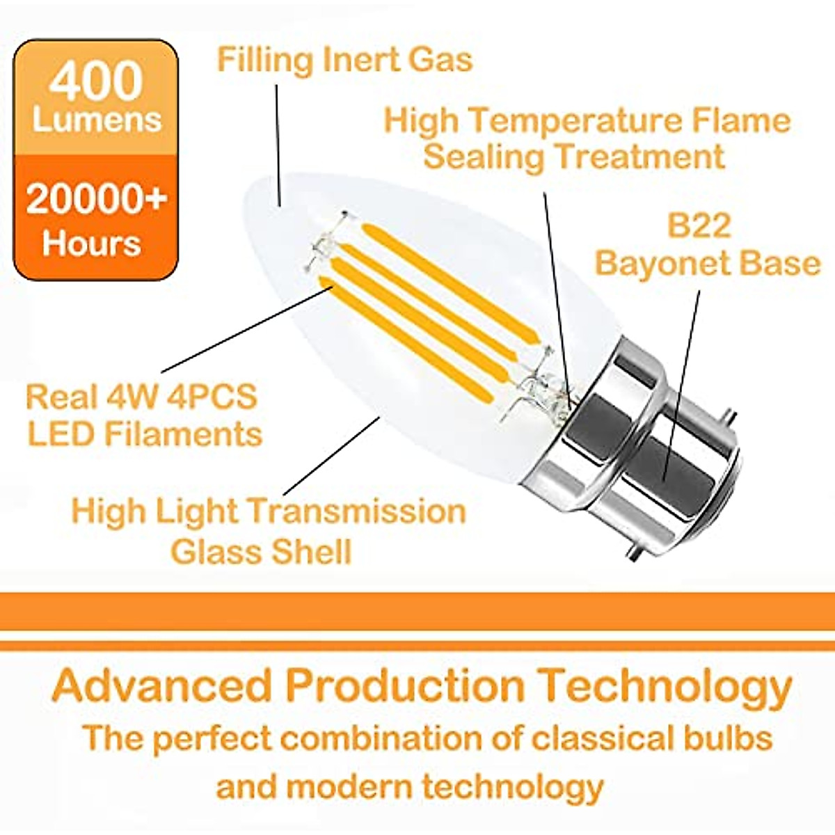 Lamsky 4W B22 Bayonet LED Filament Candle Light Bulb,2700K Warm White 400LM,C35 Shape Bullet Top,40W Incandescent Equivalent,Non-dimmable,4 Pack