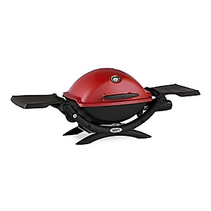 Weber Q1200 Liquid Propane Grill (Red) Bundle with Portable Cart, Adapter Hose and Grill Cover (4 Items)