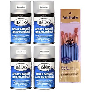 Testors Spray Enamel, Clear Dullcote Coat and Clear Glosscote Coat, Two 3oz Cans of Each with Make Your Day Paint Brushes