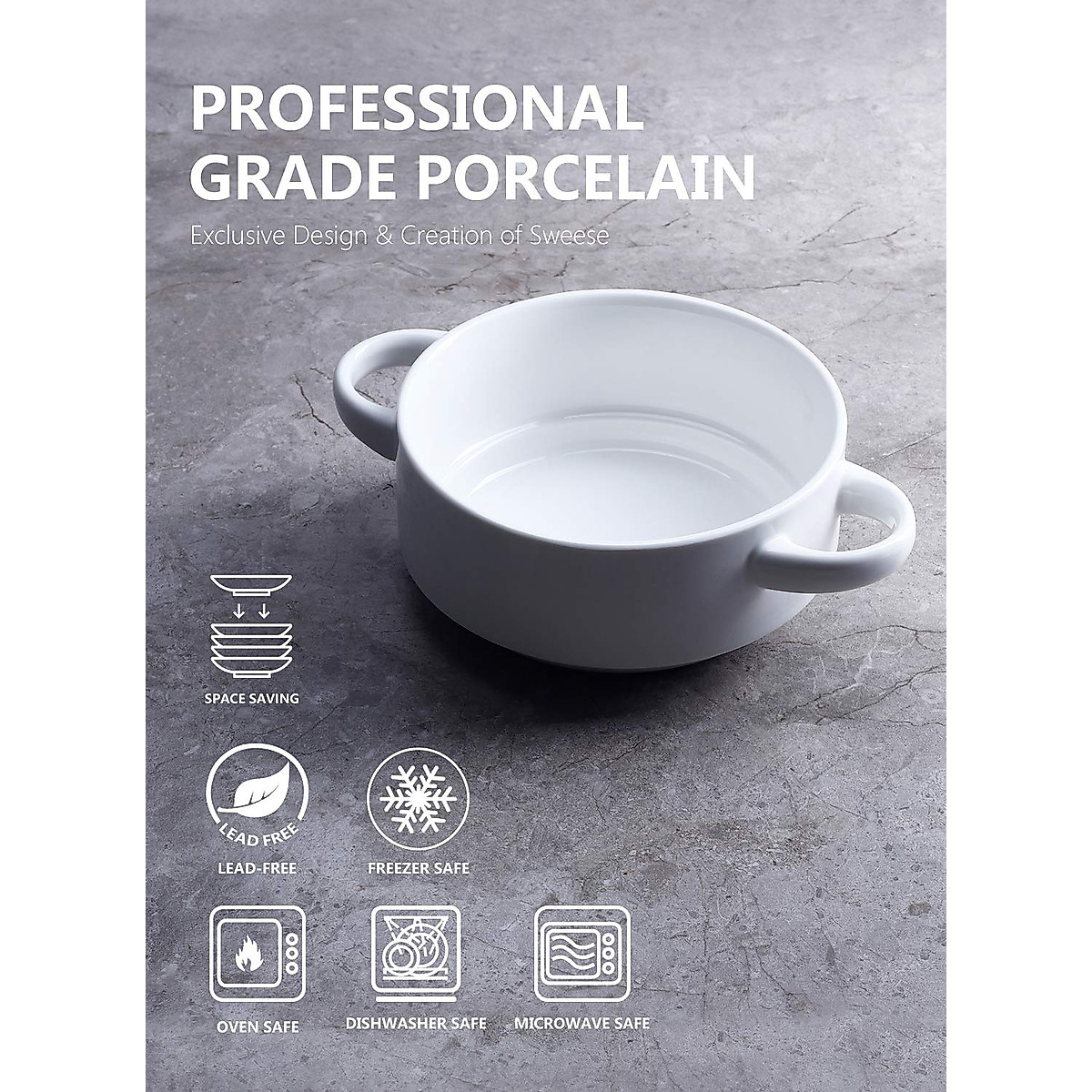 Sweese 108.000 Porcelain Bowl with Handles - 20 Ounce for Soup, Cereal, Stew, Chill, Set of 1, White