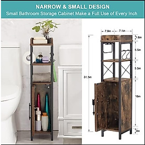 VECELO Small Bathroom Cabinet Toilet Paper Holder with Door & 2 Shelves, Upgraded Storage Organizer,Fenced Top, Waterproof Coating, 7.9" L x 7.1" W x 31.5" H, Slim-Rustic Brown