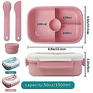 2 Set 1.5L Bento Lunch Box Kit for Adult, 4 Compartment Leak Proof Lunch Containers Snack Boxes with Fork & Spoon, BPA Free, Food Prep Storage Containers To Go for Travel Work Daycare, Green+Pink
