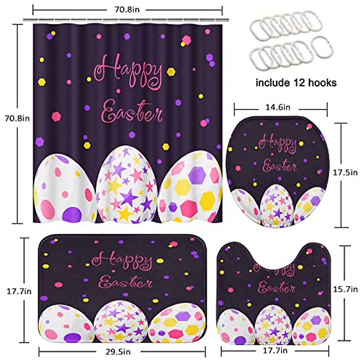 Tayney Easter Eggs Shower Curtain Sets with Toilet Lid Cover and Non-Slip Rugs, Geometric Stars on Background 4 Pcs Shower Curtains for Bathroom, Cute Cartoon Easter Bathroom Decor