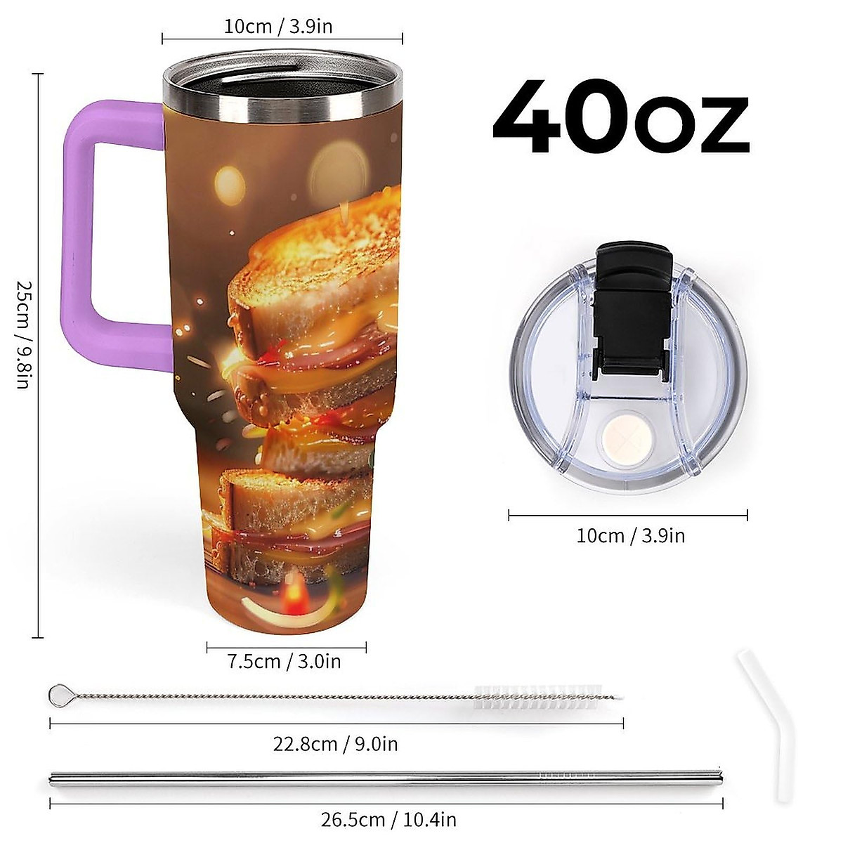 Grilled Cheese Sandwich 40 Oz Tumbler Insulated Stainless Steel Water Bottle Travel Mug Car Cup with Handle And Straw