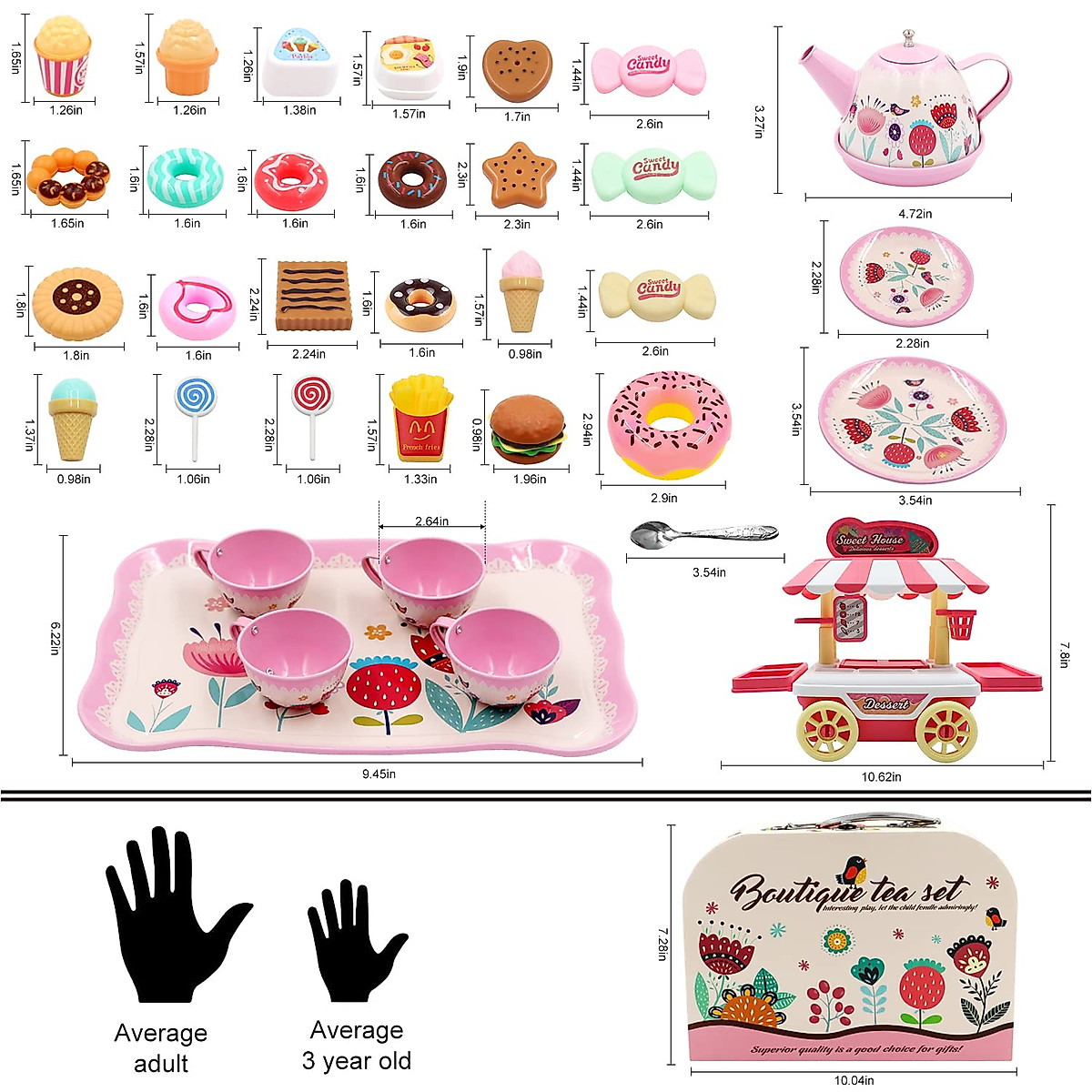 44PCS Tea Set for Little Girls, Kids Pretend Toy Playset, Teapot Dishes Dessert Mini Ice Cream Cart & Carrying Case, Princess Tea Time Kitchen Pretend Play Toys Gift for Toddlers Girls Age 3-8