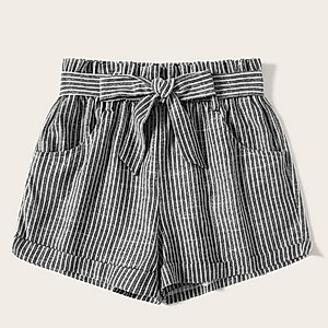 Shakumy Women Casual Elastic Waist Striped Bowknot Shorts Loose Stretch Summer Beach Shorts with Pockets Workout Hot Pants