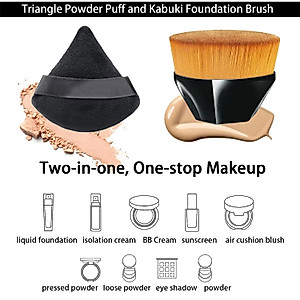 Triangle Powder Puff, 6+1 Pieces Makeup Powder Puffs and Kabuki Foundation Brush, Soft Velour Powder Puffs for Face and Body Foundation Sponge, Setting Powder Puff Wet Dry Makeup Tool