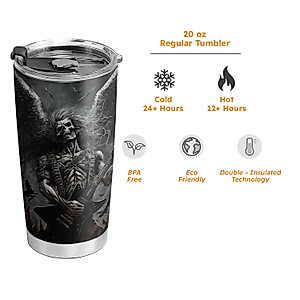 20oz Metal Rock Skull Reaper Electric Guitar Tumbler, Guitarist, Musician Gifts, Coffee Thermos for Men, Stainless Steel Double Wall Vacuum Insulated Coffee Mug, Travel Cup with Lid