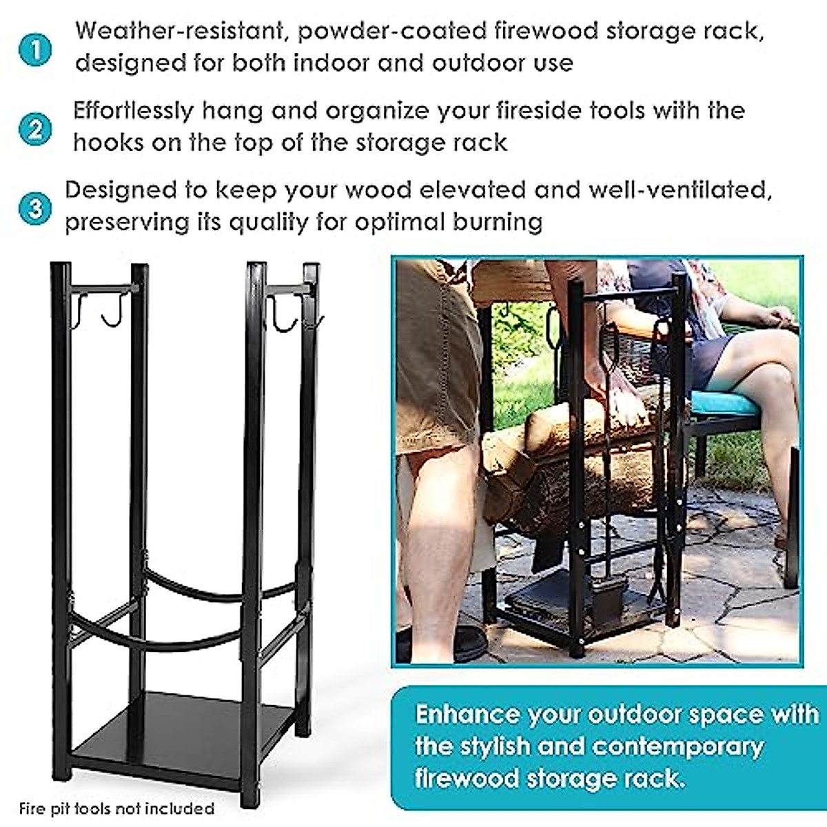 Sunnydaze Firewood Log Rack with Tool Holder Hooks - Indoor/Outdoor Durable Powder-Coated Steel Space-Saving Design - Black