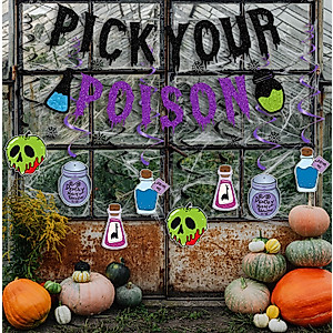JKQ Glittery Pick Your Poison Banner and Halloween Hanging Swirls Decorations Halloween Haunted Mansion Banner Halloween Witches Party Decorations Supplies for Home Mantle