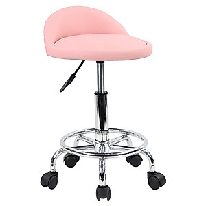 KKTONER PU Leather Round Rolling Stool with Foot Rest Height Adjustable Swivel Drafting Work SPA Task Chair with Wheels (Pink)