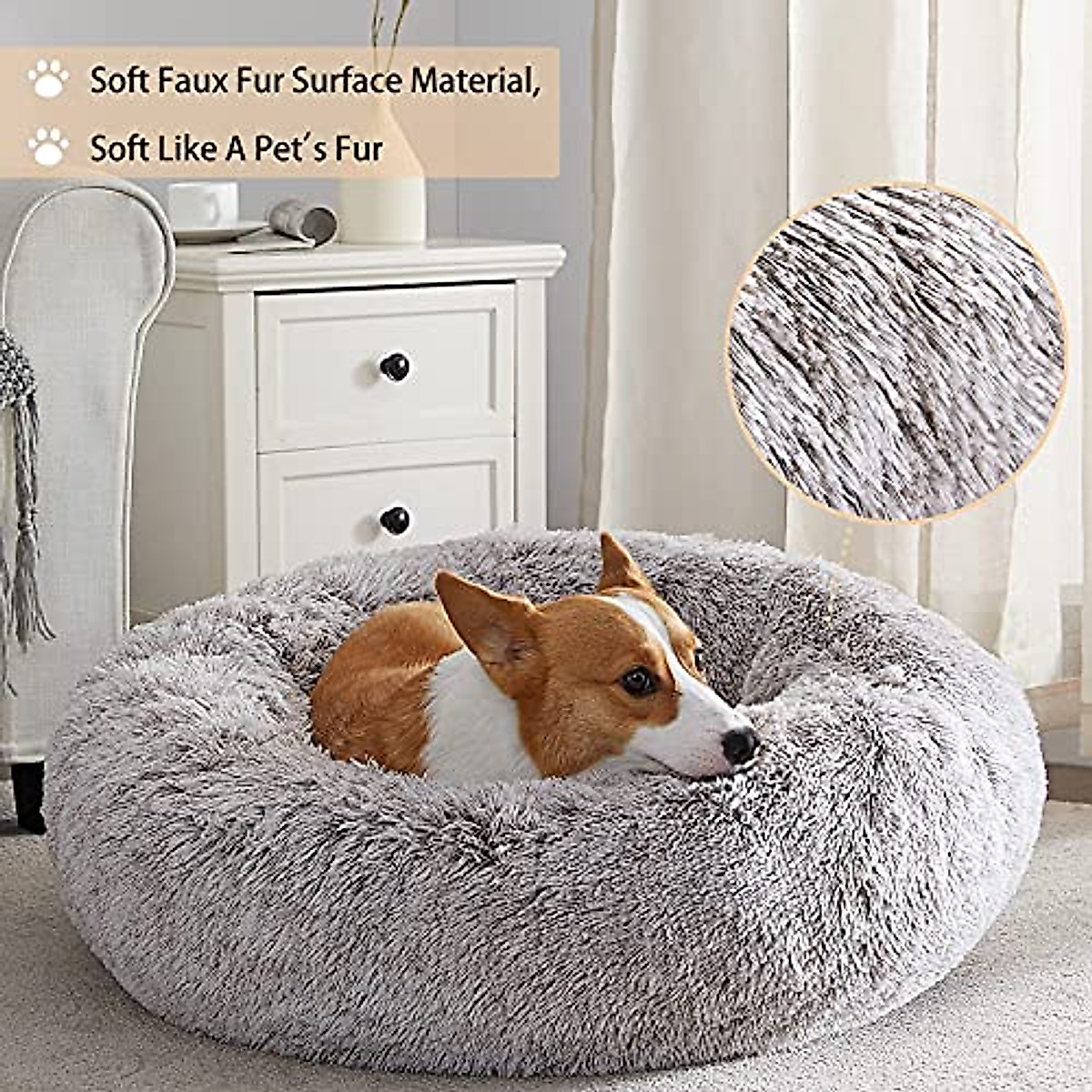 WNPETHOME Calming Dog Bed & Cat Bed,Small Dog Bed Donut Design Faux Fur Anti-Anxiety Dog Bed,Fluffy Pet Cushion Dog Bed for Small Dogs and Cats (20 x 20 inch, Light Coffee)