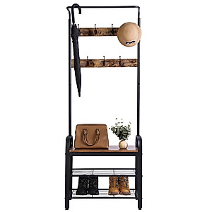 Sunnyglade Vintage Coat Rack Shoe Bench, Hall Tree Entryway Storage Shelf, Wood Look Accent Furniture Metal Frame, 3 in 1 Design, Easy Assembly
