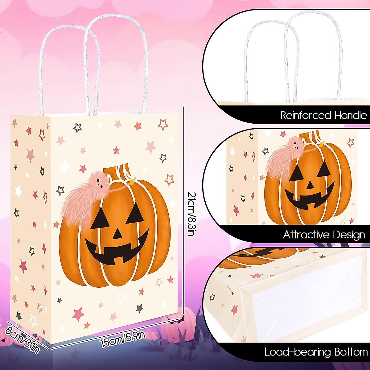 Whaline 24Pcs Pink Halloween Party Gift Bags with Handles Cute Ghost Boo Bat Evil Pumpkin Cat Paper Goodie Bags Candy Treat Bags for Birthday Wedding Baby Shower