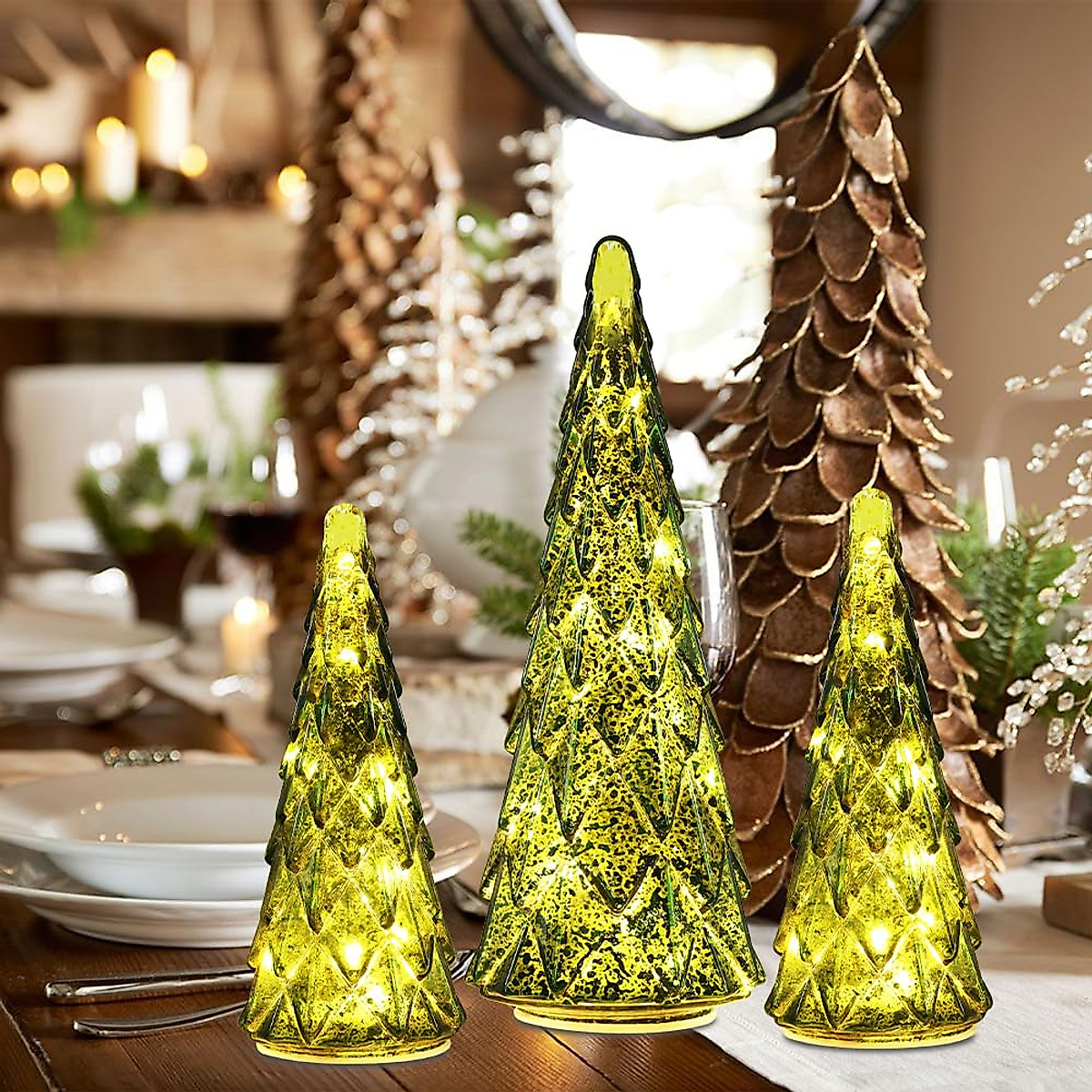 Christmas Decorations Indoor, YEAHOME Set of 3 Pre-lit Green Glass Christmas Tree for Home Decor, Christmas Table Decorations Lighted Xmas Tree with Timer for Living Room Mantel Tabletop Party