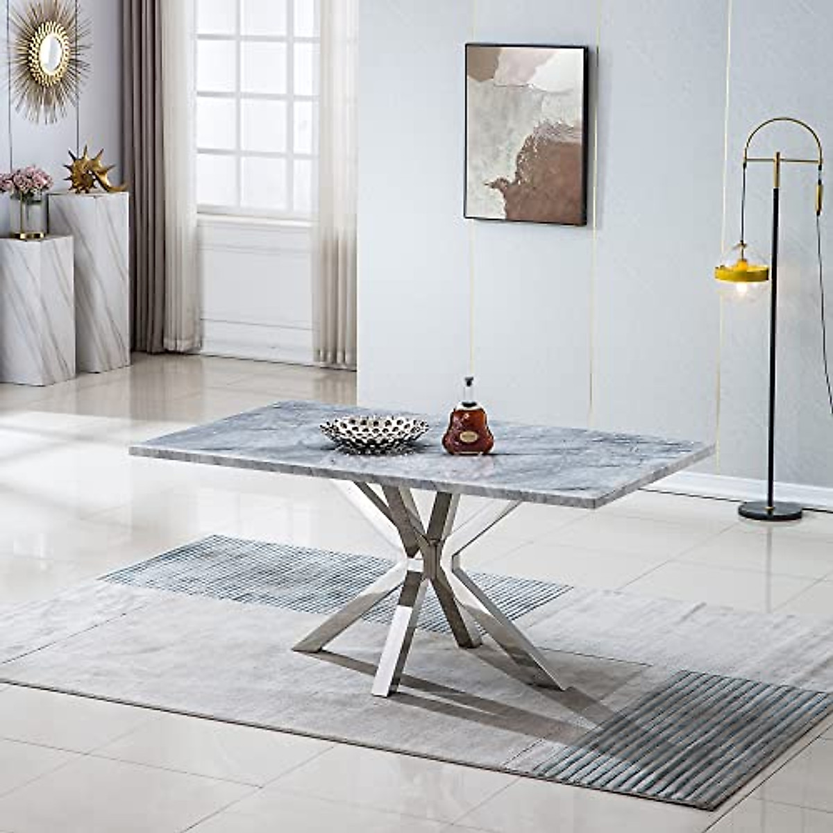 ShopBOPP Marble Dinner Table, Modern Gray Rectangle Dining Table with Marble Top and Stainless Steel Cross Base, Silver Mirrored Finish Kitchen Table Dining Room Table for Dining Room (63”, Gray)