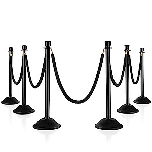 HABUTWAY 6PCS Plastic Stanchions Post, 6 Black Velvet Ropes Queue Rope Barriers, Crowd Control Stanchion, Sand/Stone Injection Hollow Base and Velvet Ropes Set for Party Supplies Easy Connect Assembly