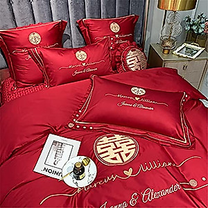 OQHAIR 60 Long-Staple Cotton Double Happiness Embroidered Four-Piece Set Red Cotton Duvet Cover Bed Cover Wedding Simple Bedding (Color : B 5-Piece Suit, Size : 1.5m) (A 4 Piece Suit)