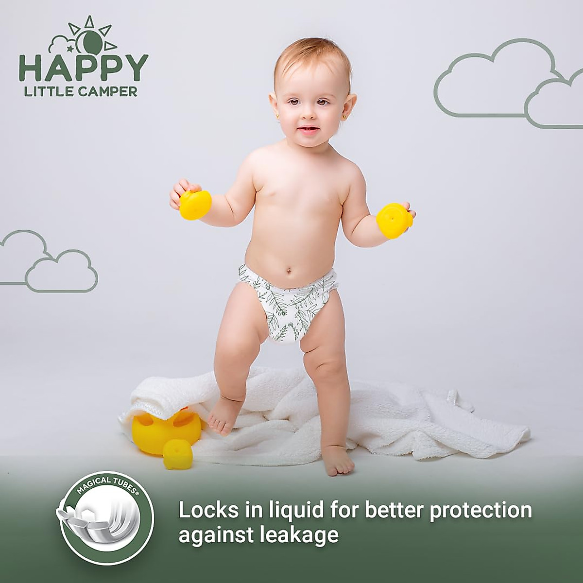 Happy Little Camper Ultra-Absorbent Natural Baby Diapers Size 5 - Hypoallergenic, Unscented & Chlorine-Free Disposable Diapers (150 Count) Come with Flushable Wipes (200 Count) for Sensitive Skin