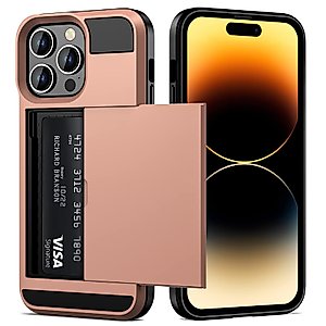Vofolen for iPhone 14 Pro Max Case Wallet Credit Card Holder ID Slot Sliding Door Hidden Pocket Women Anti-Scratch Dual Layer Hybrid Bumper Armor Protective Shell Cover 6.7 inch Rose Gold