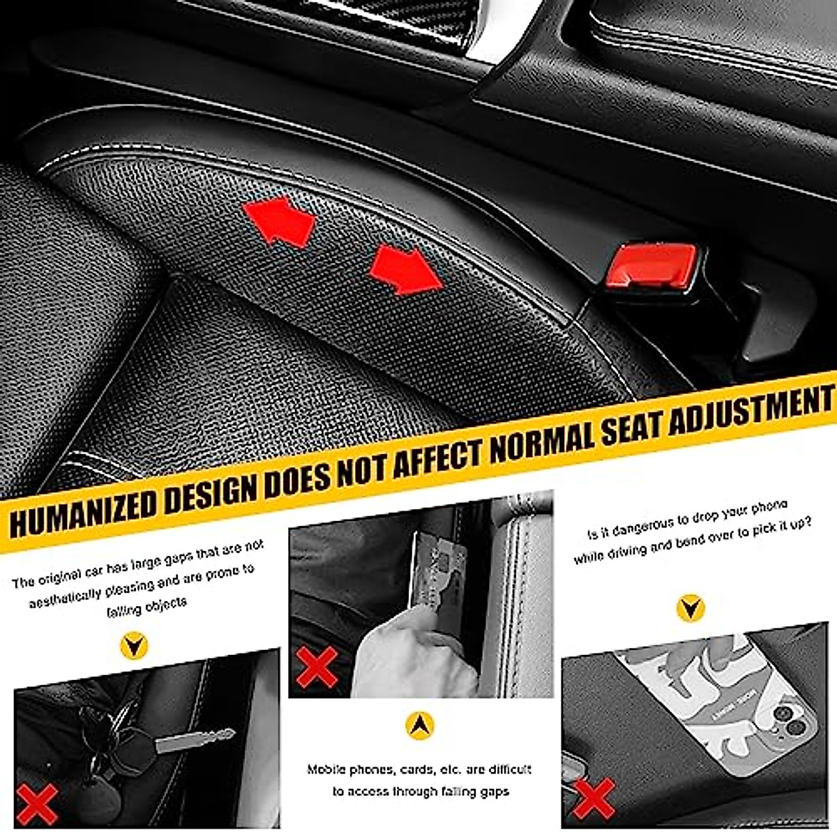 Uisky AA Car Seat Gap Filler 2 Pack, in Between Car Seat Catcher Black Car Accessories Interior Seat Gap Fillers with Seat Belt Holes car Gap Strip Stop Cellphone Wallet Keys Coins from Dropping