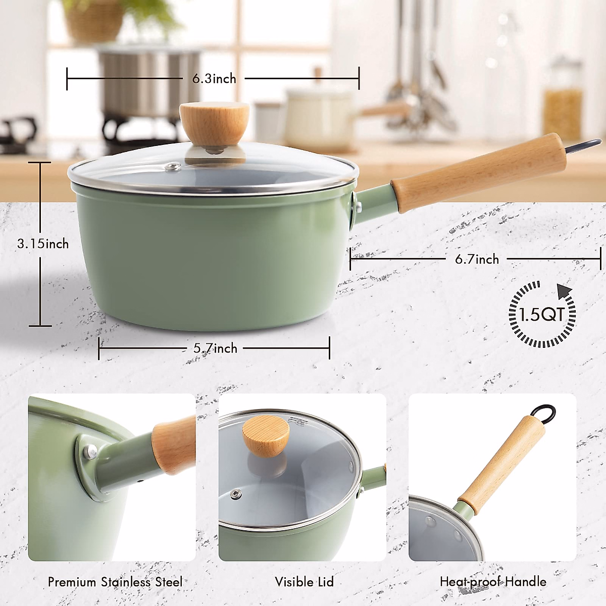ROCKURWOK Ceramic Nonstick Sauce Pan with Lid, 1.5 Qt Small Pots for Cooking, Small Pot Wooden Handle for Cool Touch, Non Toxic & Pfas-Free Saucepan, Universal Base(Gas, Electric & Induction), Green