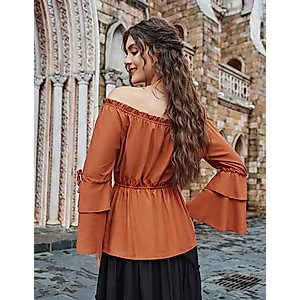 Womens Peplum Tops Boho Renaissance Shirt Bell Sleeve Peasant Blouse Dressy Casual Summer Top Orange 2XL