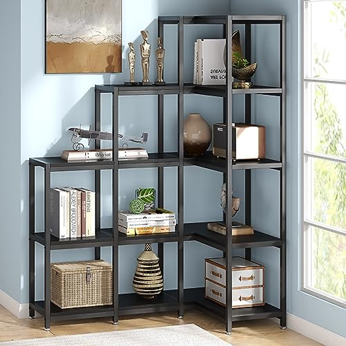 Tribesigns 5-Tier Corner Bookshelf, 63” Tall Modern L-Shaped Bookshelf Corner Bookcase, 17 Shelves Black Stepped Bookcase Display Rack Storage Shelf for Living Room Home Office (Black)