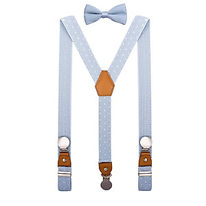 CEAJOO Little Boys' Suspenders and Bow Tie Set Adjustable with Round Metal Clips 30" Blue White Polka Dot