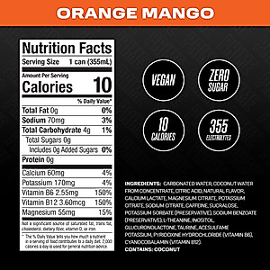 PRIME Energy ORANGE MANGO | Zero Sugar Energy Drink | Preworkout Energy | 200mg Caffeine with 355mg of Electrolytes and Coconut Water for Hydration| Vegan | Gluten Free |12 Fluid Ounce | 12 Pack