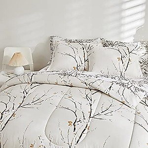 UOZZI BEDDING Cream White Bed in a Bag Twin 6 pc Branch Style All Season Soft Microfiber Reversible Bed Comforter Set (1 Comforter 2 Pillow Shams 1 Flat Sheet 1 Fitted Sheet 1 Pillowcases)