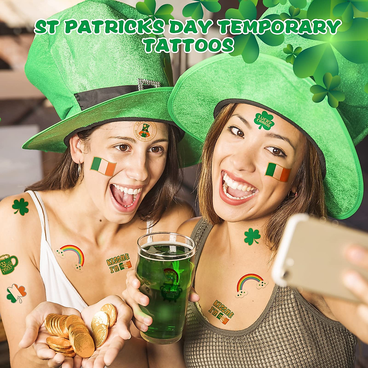 St Patricks Day Temporary Tattoos Shamrock Glitter Tattoos Party Decor Kiss Me I'm Irish Party and St Patrick's Day Decorations for Man Women Kids Party Favor Four Leaf Clover Party Accessories