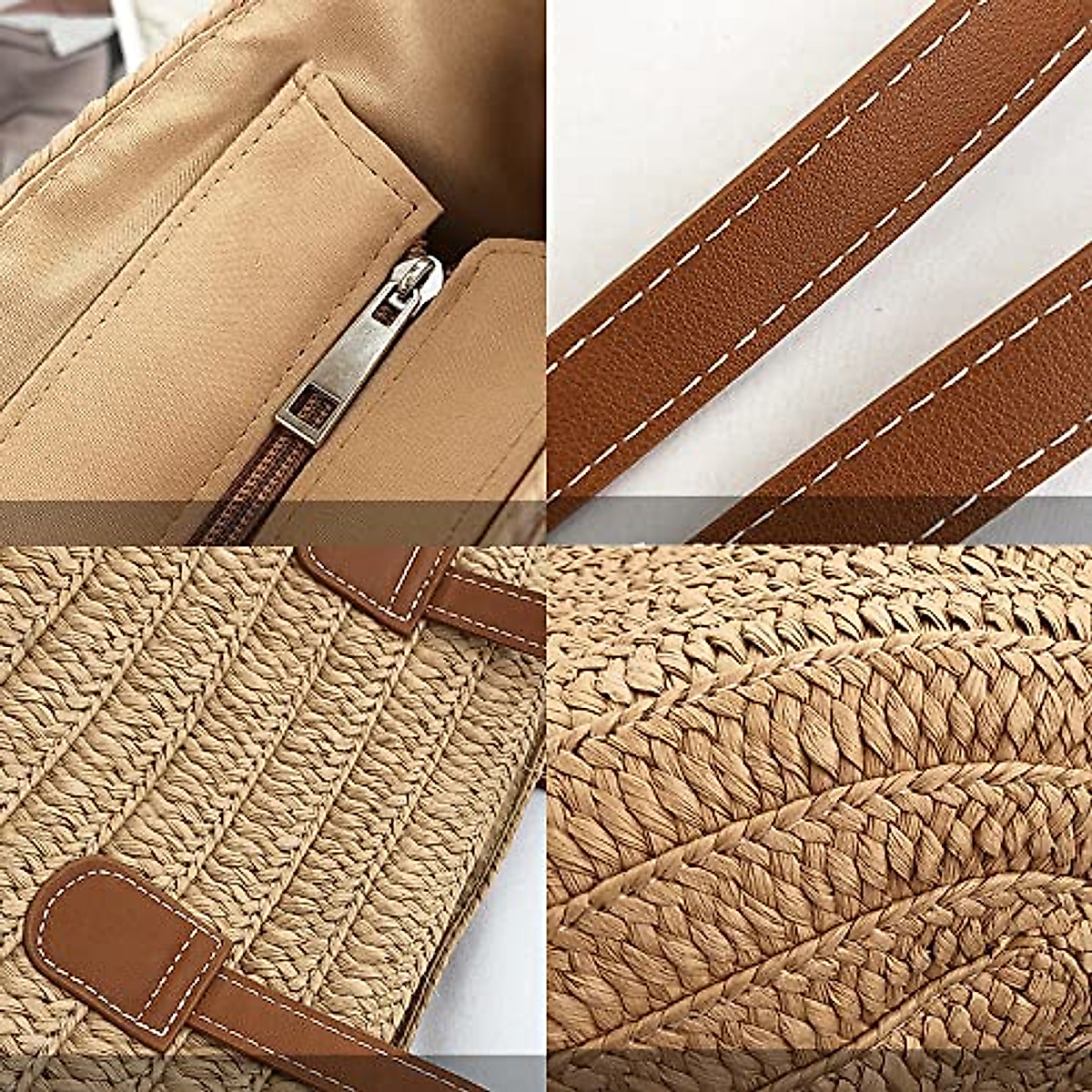 Rejolly Straw Tote Bag for Women Beach Summer Vacation Boho Rattan Handbags Large Woven Shoulder Purse with Zipper Leather Handle Purse Khaki