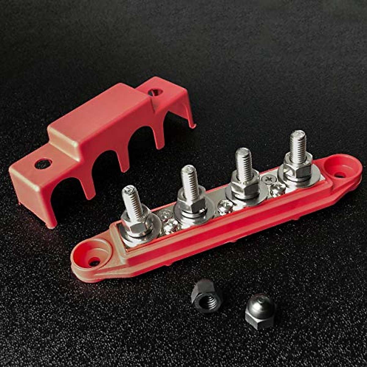 MGI SpeedWare 4-Post Power Distribution Block Busbar 5/16" Studs with Cover, 250 AMP Rating for Automotive, Marine, and Solar Wiring (Red)