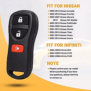 Replacement Key Fob Keyless Entry Remote Compatible with Nissan Xterra Titan Armada Frontier Quest Sentra Infiniti FX35 FX45 QX4 3 Buttons Car Key KBRASTU15-2 Packs