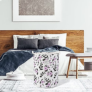 Large Foldable Laundry Basket Organizer Holder portable tall collapsible laundry hamper nusery Storage Basket Bin with Handles Canvas & Waterproof lining for Household Items (Floral Purple)