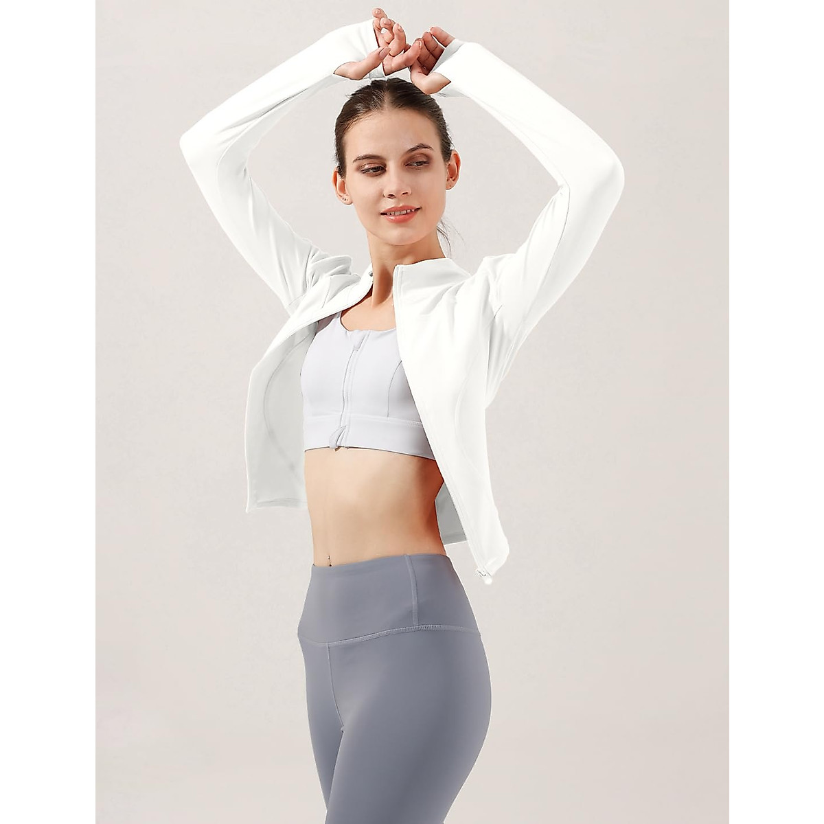 Locachy Women's Lightweight Stretchy Workout Full Zip Running Track Jacket with Thumb Holes White XS