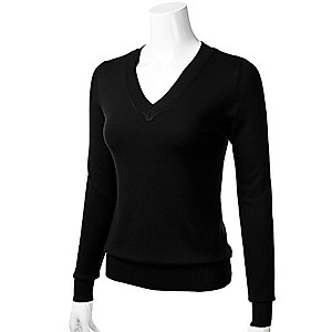 FLORIA Women's Soft Basic Thick V-Neck Pullover Long Sleeve Knit Sweater Black L