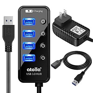 Powered USB Hub Long Cord, atolla USB 3.0 Hub 4 + 1 Data Transfer and Charging Multiport with Power Supply Adapter 15W (5V/3A) and 3.3ft Meter USB 3 Extension Cable