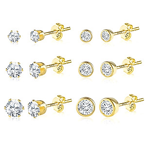 Gold Cubic Zirconia Earrings Studs for Women 14K Gold Plated Stud Earrings Set Hypoallergenic Tiny Studs for Girls（6 Pairs）