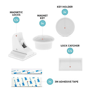 Magnetic Child Safety Cabinet Locks - 12 Lock + 3 Key for Baby Proofing Cabinets, Drawers and Locking Cupboard, Easy Install for Toddler and Childproof with Adhesive Latch, No Tools or Drill…