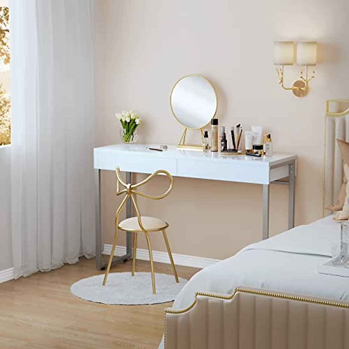 GreenForest Vanity Desk with 2 Drawers Glossy White 47 inch Modern Home Office Computer Writing Desk Makeup Dressing Table with Metal Silver Legs for Bedroom,Without Mirror