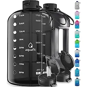 AQUAFIT Half Gallon Water Bottle With Times To Drink - 64 oz Water Bottle With Straw - Water Jug - Motivational Water Bottle - Large Water Bottle - Sports Water Bottle With Time Marker for Gym